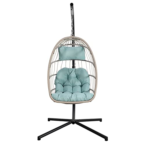 Patiorama Indoor Outdoor Egg Swing Chair with Stand, Patio Beige Wicker Rattan Hanging Chair with Rope Back, Cushion,Cover,All Weather Foldable Hammock Chair for Bedroom, Garden (Tiffany Blue)
