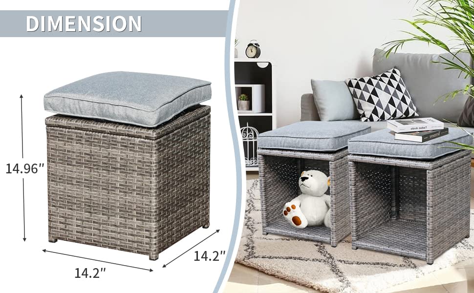 Verano Garden Patio Storage Ottomans, All Weather Wicker Ottoman Set with Removable Cushions, Outdoor Footstool footrest seat for Backyard, Garden, Poolside, Set of 2 (Grey)