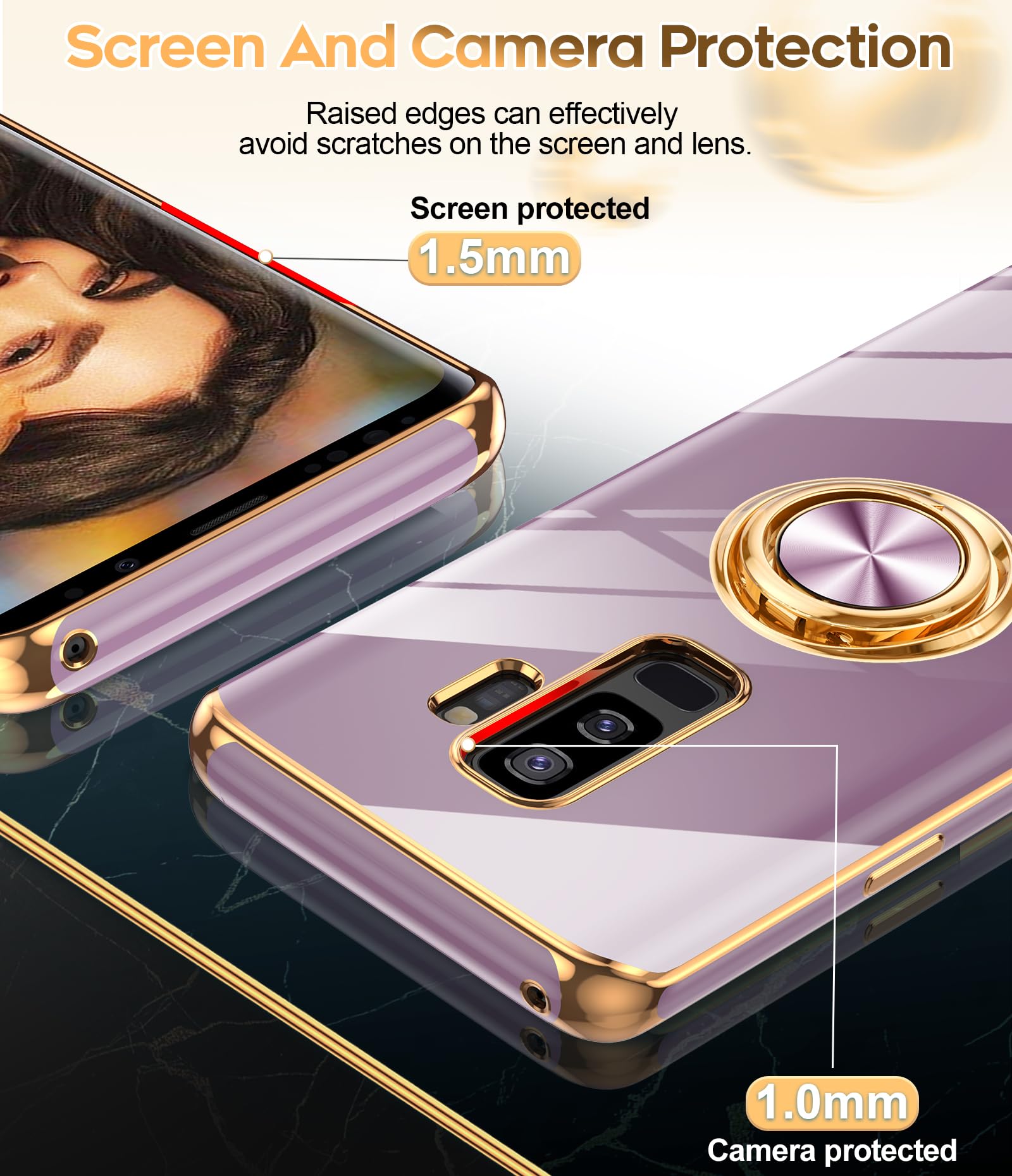 LeYi for Galaxy S9 Plus Phone Case: 360° Rotatable Ring Holder Magnetic Kickstand [ Not Applicable Samsung S9 ], Plating Rose Gold Edge Protective Case, Purple