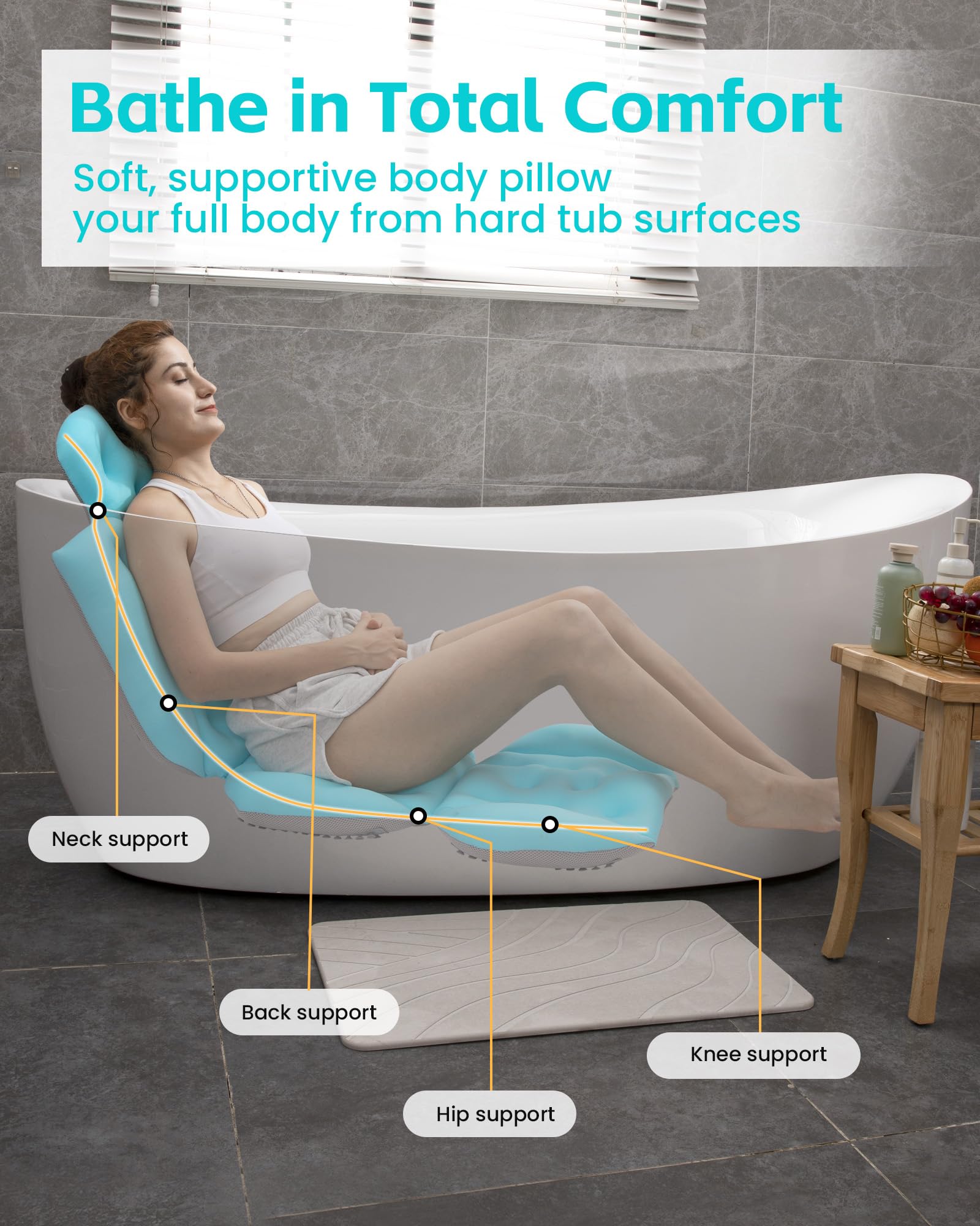 Full Body Bath Pillow for Bathtub, Bath Pillows for Tub with Mesh Laundry Bag & Non-Slip Suction Cups, 3D Air Mesh & Quick Drying Ocean Blue