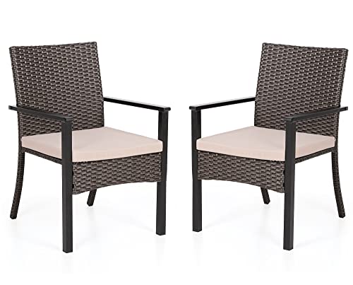 PHI VILLA Outdoor Wicker Chairs Set of 2, Rattan Covered Metal Armchairs with Removable Cushion, Heavy Duty Furniture Set for Patio, Deck, Porch, Yard