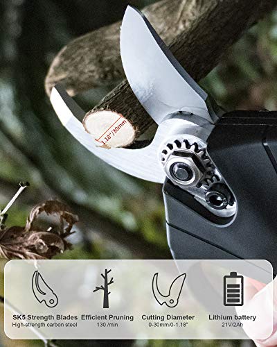 ZR-TNT Electric Pruning Shears Cordless 21V with 2000mAh 2PCS Lithium Battery and Matching Tools,30mm (1.2″) Cutting Diameter,Tree Branch Flowering Bushes Trimmers for Gardening (Black)