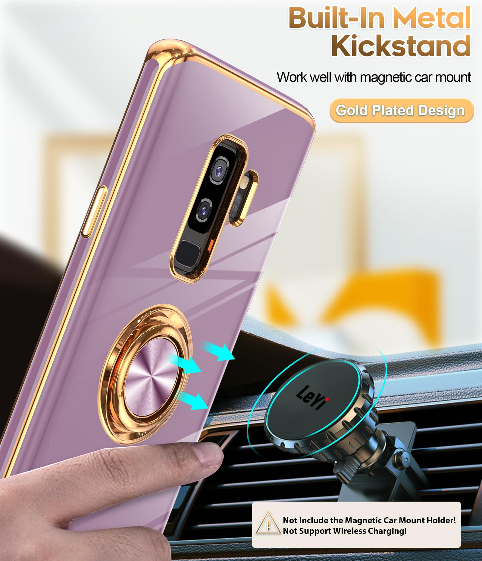LeYi for Galaxy S9 Plus Phone Case: 360° Rotatable Ring Holder Magnetic Kickstand [ Not Applicable Samsung S9 ], Plating Rose Gold Edge Protective Case, Purple