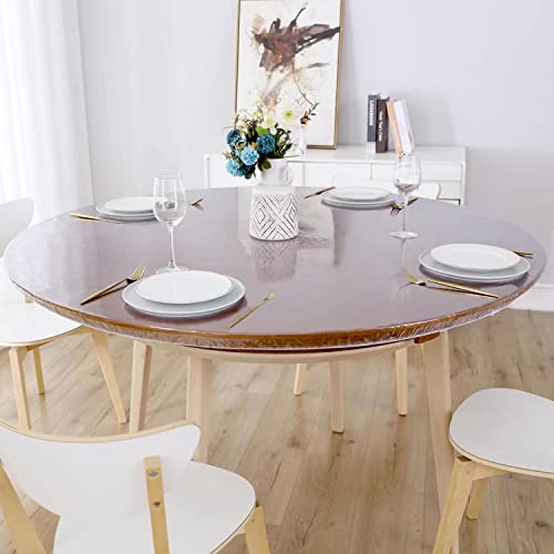 Clear Fitted Vinyl Tablecloth Round Waterproof Oilcloth PVC Table Cover Elastic Edge Design Wipeable Plastic Table Cloth Protector for Dining Tabletop (Round Fits Table up 40"-44" Diameter)