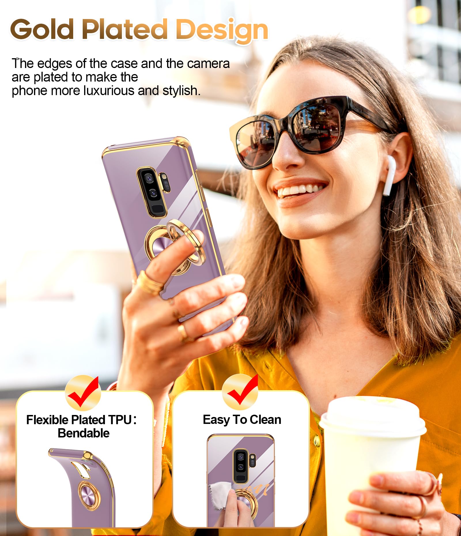 LeYi for Galaxy S9 Plus Phone Case: 360° Rotatable Ring Holder Magnetic Kickstand [ Not Applicable Samsung S9 ], Plating Rose Gold Edge Protective Case, Purple