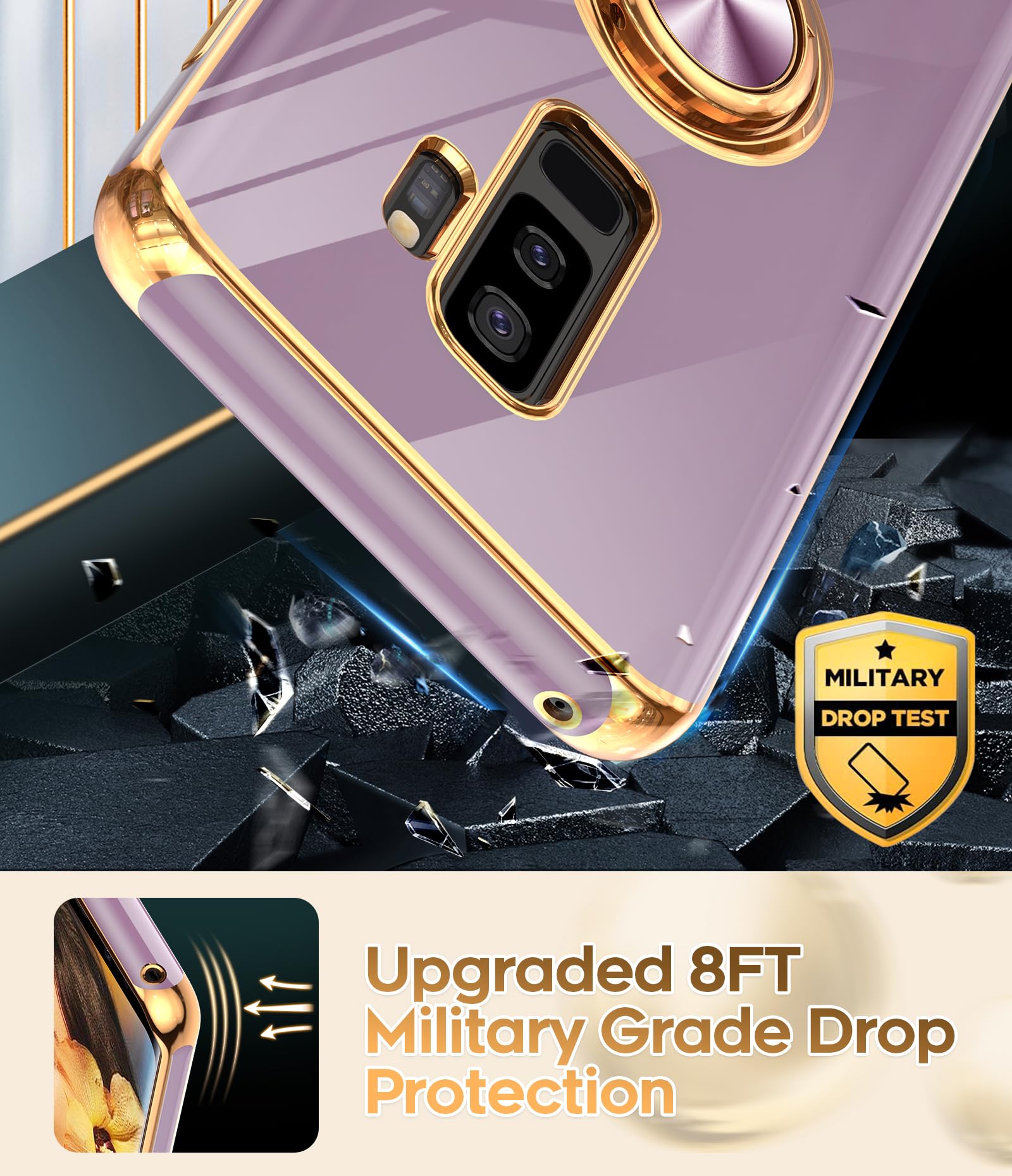 LeYi for Galaxy S9 Plus Phone Case: 360° Rotatable Ring Holder Magnetic Kickstand [ Not Applicable Samsung S9 ], Plating Rose Gold Edge Protective Case, Purple