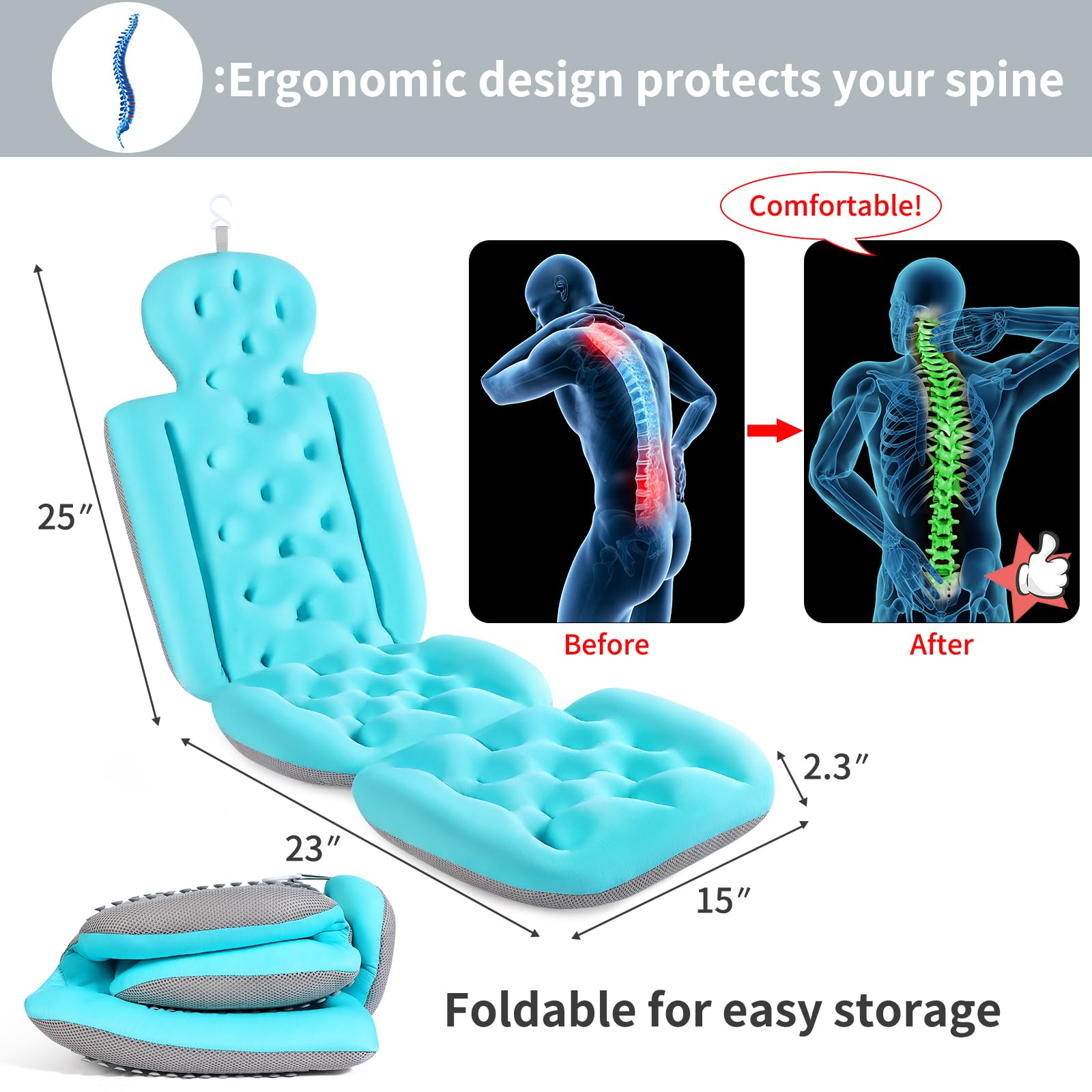 Full Body Bath Pillow for Bathtub, Bath Pillows for Tub with Mesh Laundry Bag & Non-Slip Suction Cups, 3D Air Mesh & Quick Drying Ocean Blue