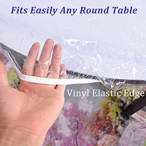 Clear Fitted Vinyl Tablecloth Round Waterproof Oilcloth PVC Table Cover Elastic Edge Design Wipeable Plastic Table Cloth Protector for Dining Tabletop (Round Fits Table up 40"-44" Diameter)