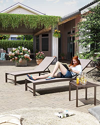 Crestlive Products Patio Chaise Lounge Set, 2PCS Outdoor Aluminum Lounge Chairs with 1PC Side Table, Adjustable Five-Position Recliner for Beach Pool Sunbathing Lawn, Yard (Beige)