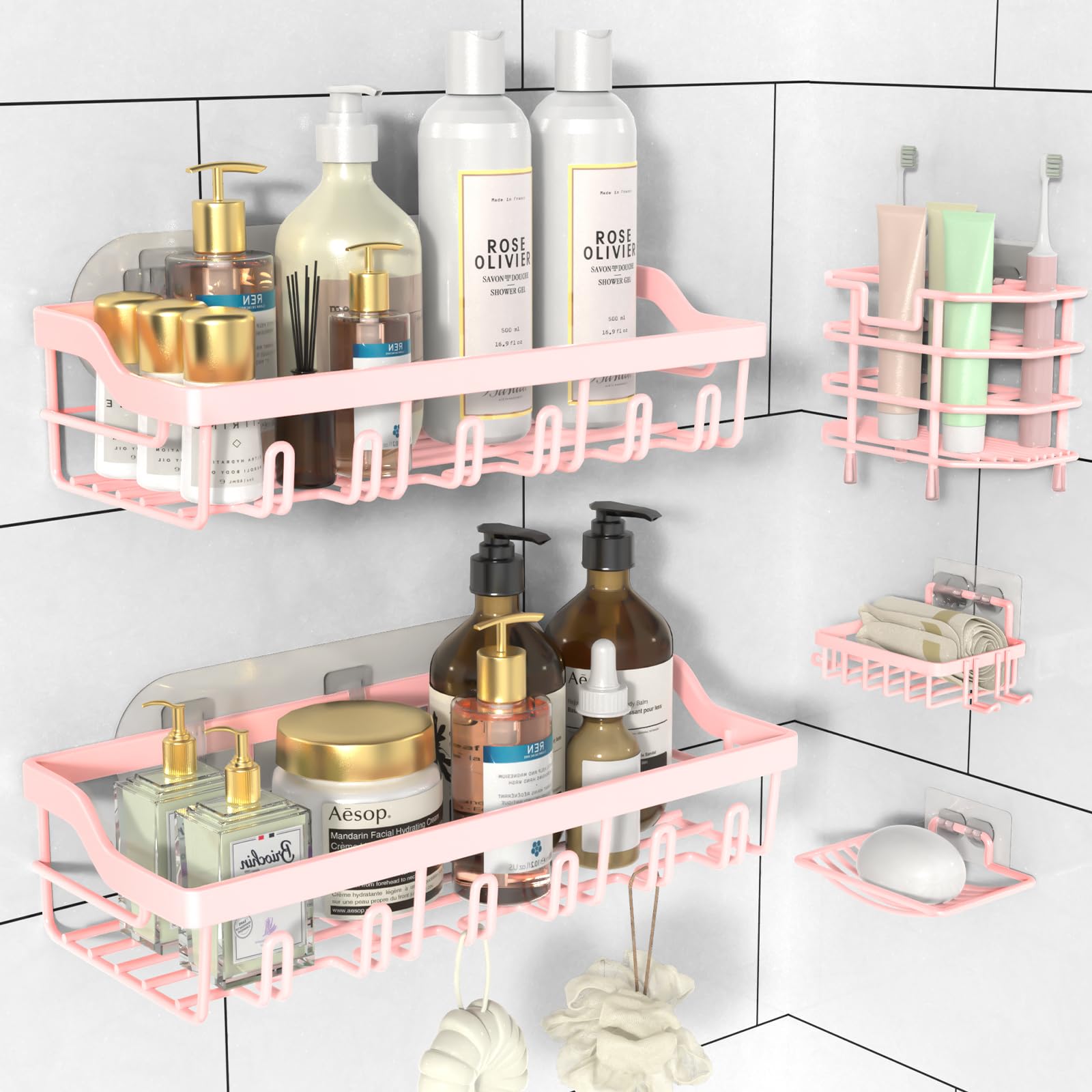 Cvtayn 5 Pack Shower Caddy, Strong Adhesive Shower Organizer No Drilling, Rustproof Shower Shelves Bathroom Shelves Large Capacity, Organizador De BaĂąo Shower Racks for Bathroom Storage, Pink