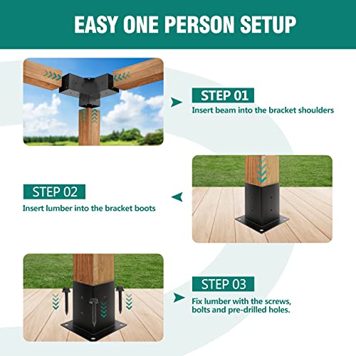Kinchoix Pergola Brackets, 4 Pack Woodworks Pergola Kit 3-Way Right Angle Corner Bracket with Pergola Post Base for 4x4'' (Actual: 3.5x3.5'') Wood Beams Elevated Wood Stand Kit Pergola/Gazebo Kit