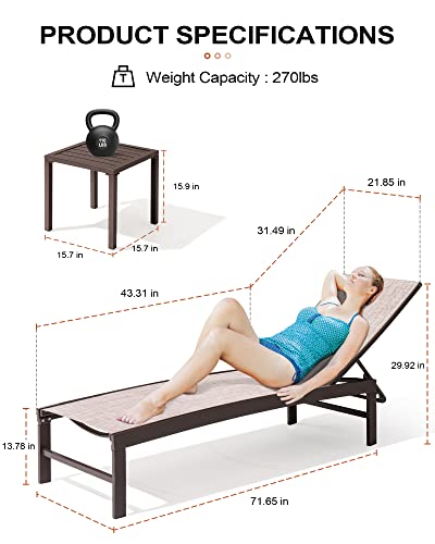 Crestlive Products Patio Chaise Lounge Set, 2PCS Outdoor Aluminum Lounge Chairs with 1PC Side Table, Adjustable Five-Position Recliner for Beach Pool Sunbathing Lawn, Yard (Beige)