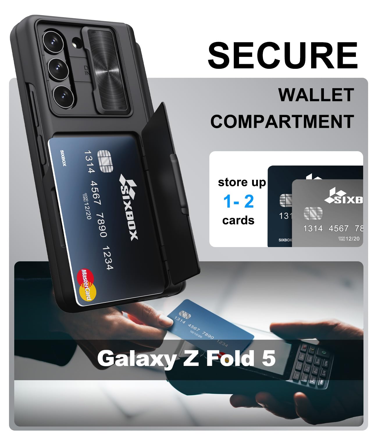 SIXBOX for Samsung Galaxy Z Fold 5 Case with Card Holder & S Pen Holder & Slide Lens Cover, Built-in Hinge Protection & Screen Protector, Durable Sturdy Phone Cover Case for Galaxy Z Fold 5, Black
