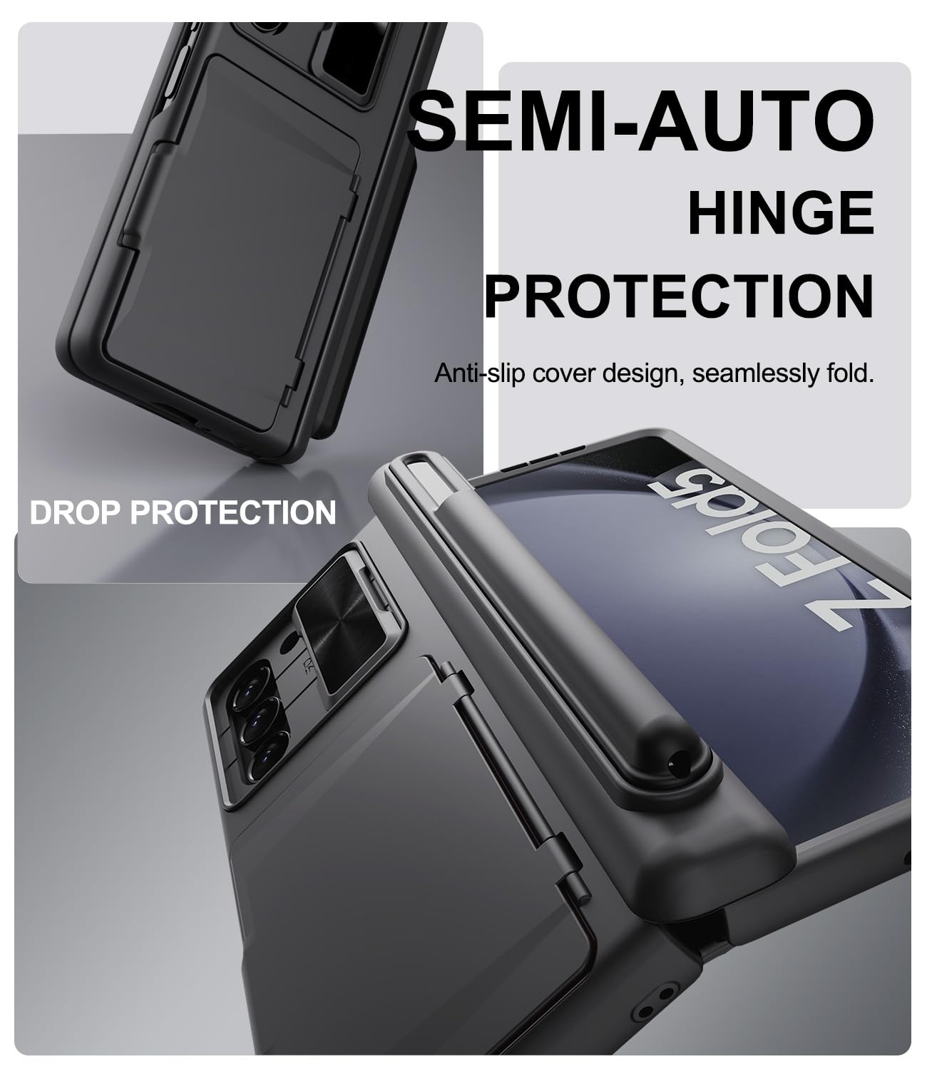 SIXBOX for Samsung Galaxy Z Fold 5 Case with Card Holder & S Pen Holder & Slide Lens Cover, Built-in Hinge Protection & Screen Protector, Durable Sturdy Phone Cover Case for Galaxy Z Fold 5, Black