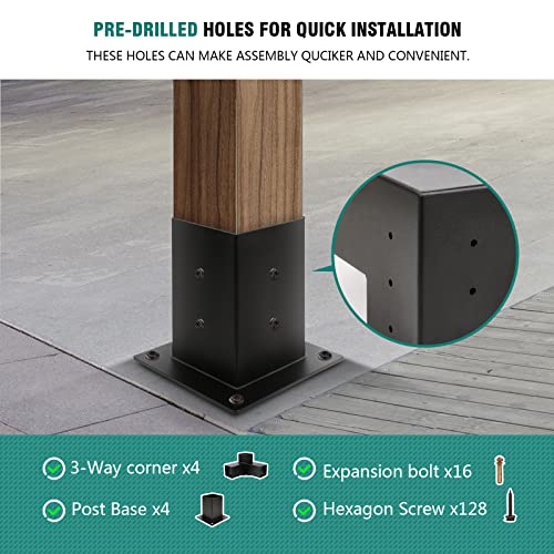 Kinchoix Pergola Brackets, 4 Pack Woodworks Pergola Kit 3-Way Right Angle Corner Bracket with Pergola Post Base for 4x4'' (Actual: 3.5x3.5'') Wood Beams Elevated Wood Stand Kit Pergola/Gazebo Kit