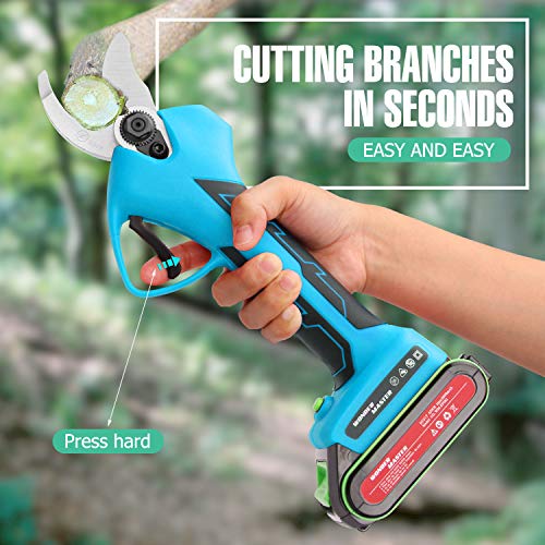 WONDER MASTER Cordless Pruner Professional Electric Pruning Shears Electric Pruner 2Pcs Backup Rechargeable 2Ah Lithium Battery Powered Tree Branch Pruner, 32mm (1.26 Inch) Cutting Diameter Blue