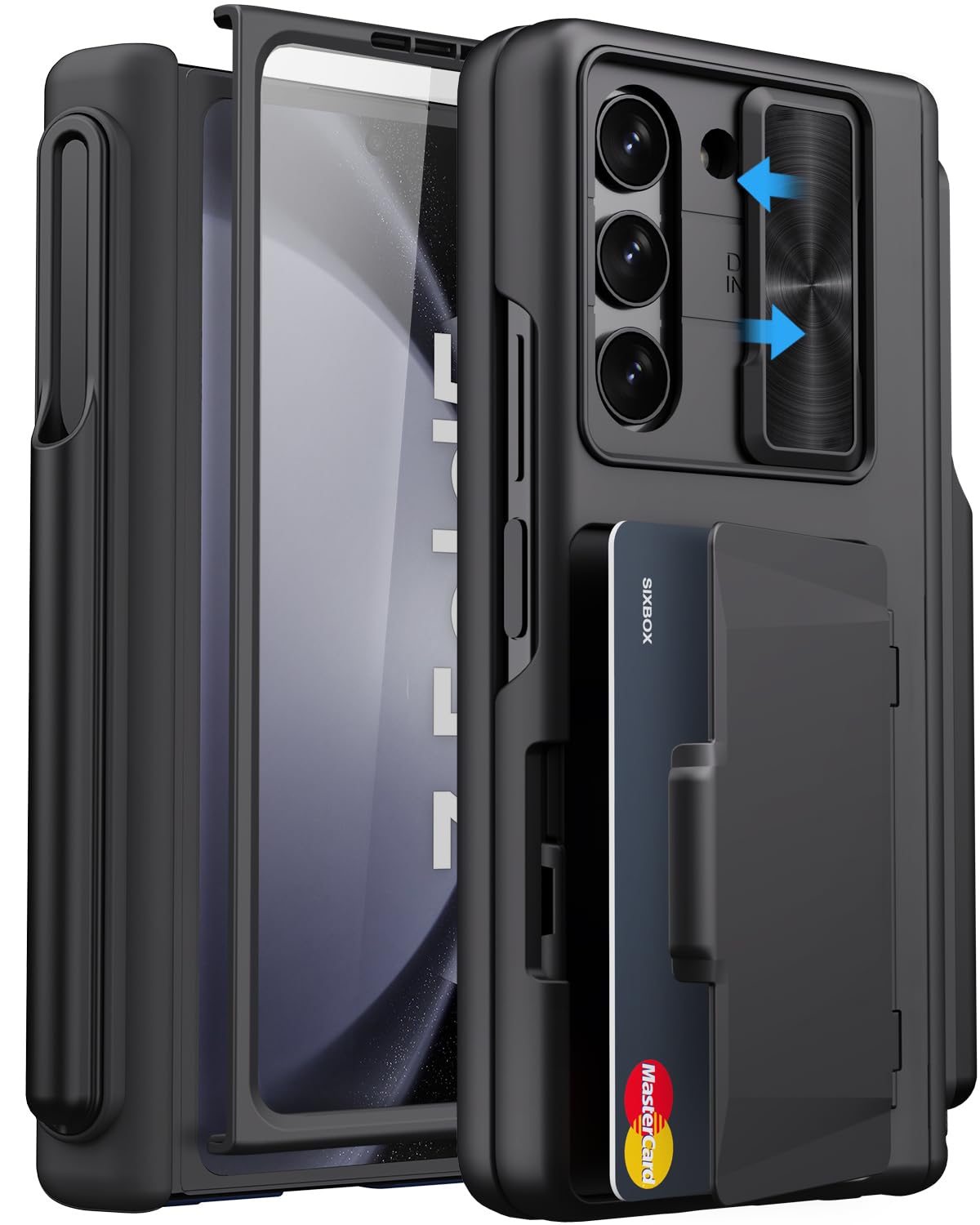SIXBOX for Samsung Galaxy Z Fold 5 Case with Card Holder & S Pen Holder & Slide Lens Cover, Built-in Hinge Protection & Screen Protector, Durable Sturdy Phone Cover Case for Galaxy Z Fold 5, Black