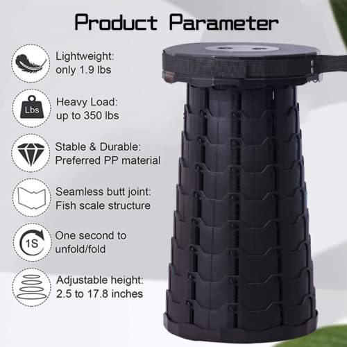 HS168 Upgraded Retractable Folding Stool, Collapsible Portable Stool with Seat Cushion & Nylon Bag, Camping Retractable Foldable Stool with Adjustable Height Telescopic Stool