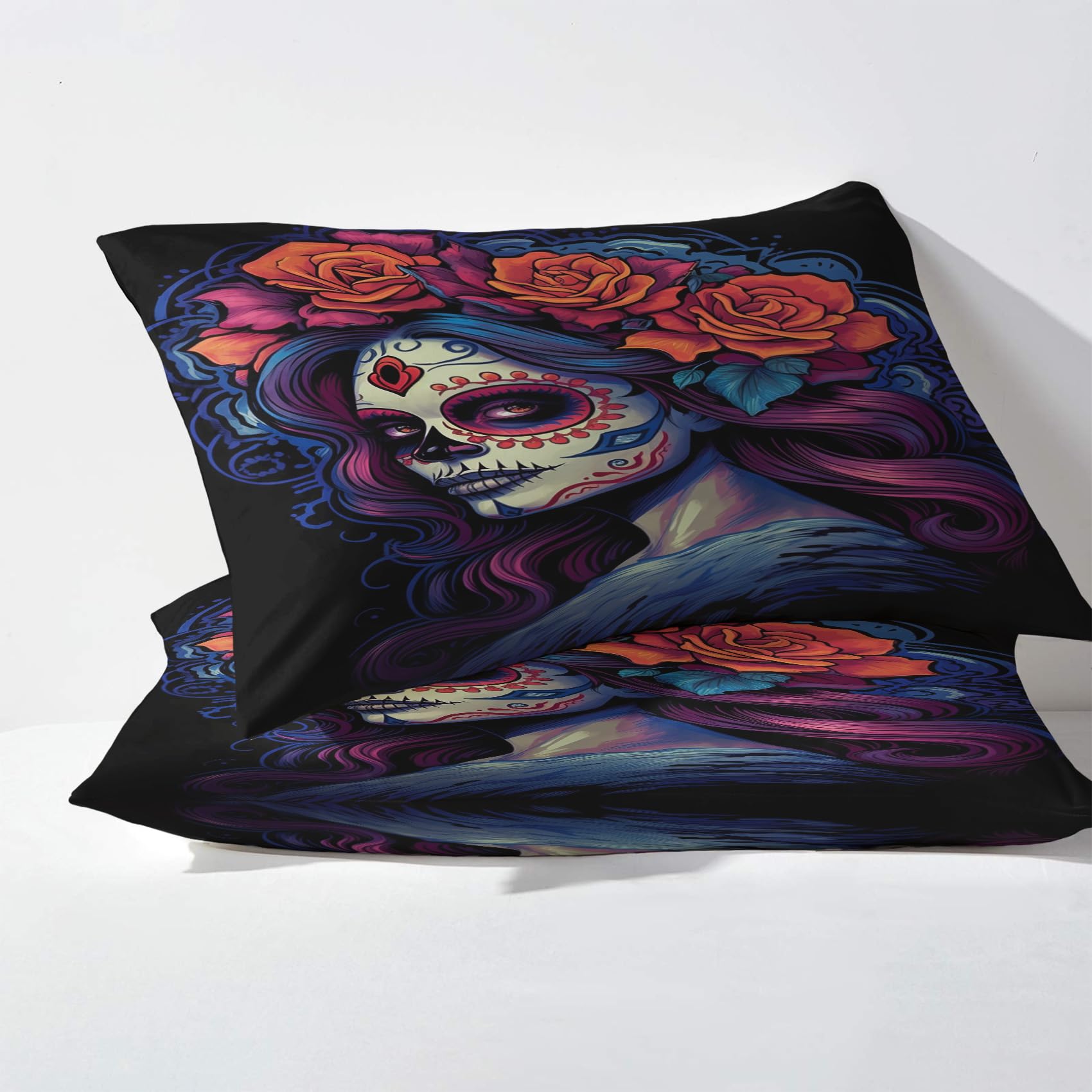 Day of The Dead Sheets Full Size, Skeleton Bed Sheets, Patterned Bedding Sheets & Pillowcases 4 Piece Set - Soft Microfiber Deep Pocket Fitted Sheet & Flat Sheet & 2 Pillow Cases Z2-&-220