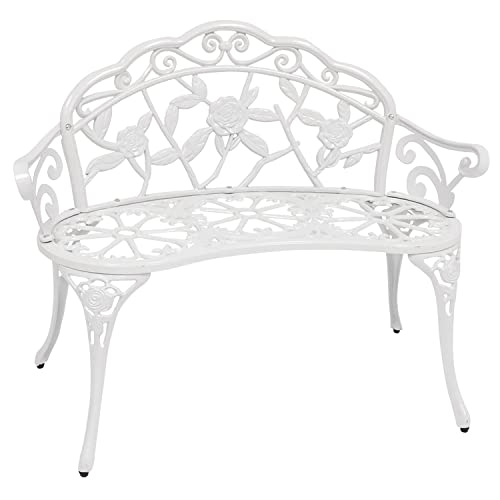 Sunnydaze 2-Person Classic Rose Cast Aluminum White Outdoor Garden Bench