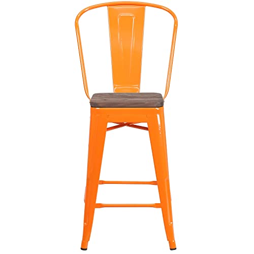 Flash Furniture Lily 24" High Orange Metal Counter Height Stool with Back and Wood Seat
