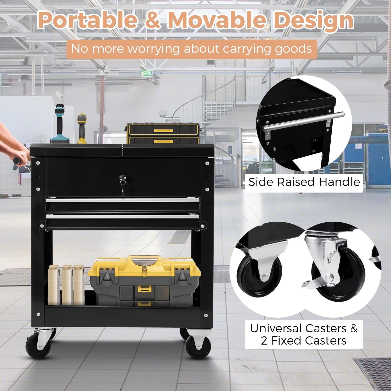 ERGOMASTER Utility Service Cart Tool on Wheels Heavy Duty Metal 4 Tiers Shelves with Drawers Tool Storage Organizer for Warehouse,Garage and Workshop
