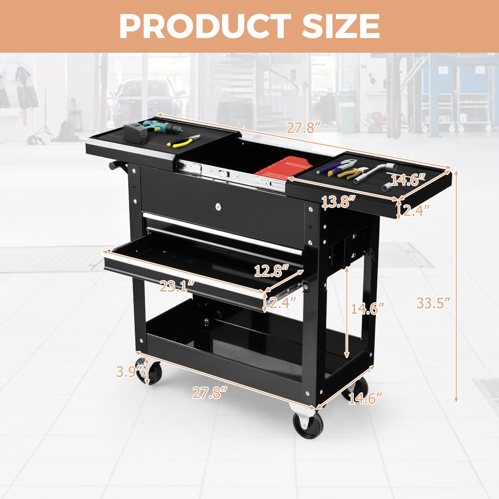 ERGOMASTER Utility Service Cart Tool on Wheels Heavy Duty Metal 4 Tiers Shelves with Drawers Tool Storage Organizer for Warehouse,Garage and Workshop