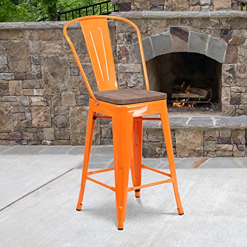 Flash Furniture Lily 24" High Orange Metal Counter Height Stool with Back and Wood Seat