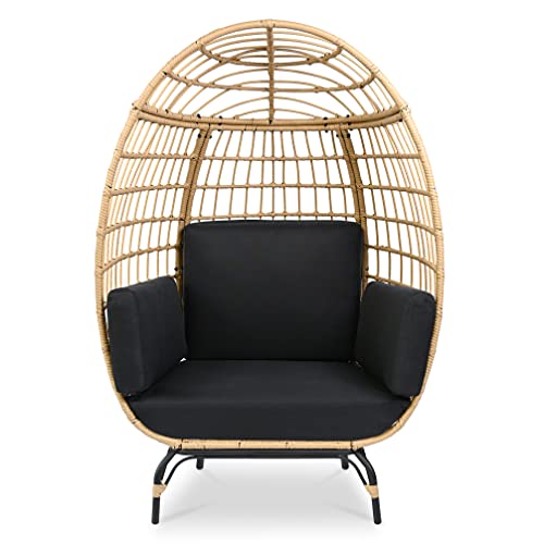 Wicker Rattan Egg Chair, Indoor Outdoor Black Sofa Chair for Patio Backyard and Living Room with 4 Cushions and Powder Coated Steel Frame, Woven Texture Contemporary Ribbed Back Design