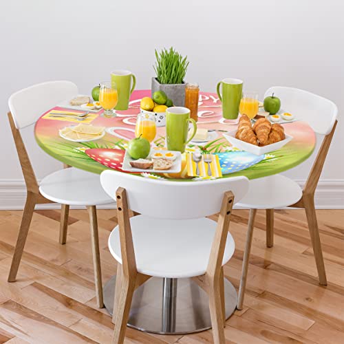 Easter Round Tablecloth with Elastic Edge, Happy Easter Rabbit Bunny Egg Fitted Tablecloth Washable Wipeable Spillproof Polyester Table Cover for Kitchen Dining Party Holiday Fits Round Table 45-56 In