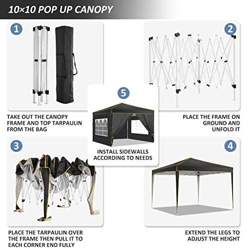 10x10 Pop Up Canopy with 4 Removable Sidewalls，Waterproof Party Wedding Event Tent，Instant Outdoor Enclosed Tent Shelter with Church Window and Carry Bag,Full Truss Structure Canopies