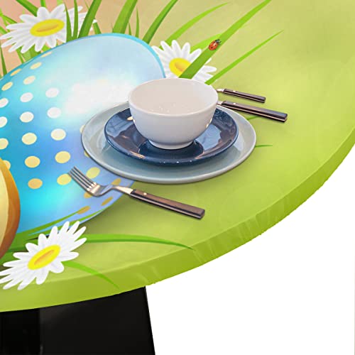 Easter Round Tablecloth with Elastic Edge, Happy Easter Rabbit Bunny Egg Fitted Tablecloth Washable Wipeable Spillproof Polyester Table Cover for Kitchen Dining Party Holiday Fits Round Table 45-56 In