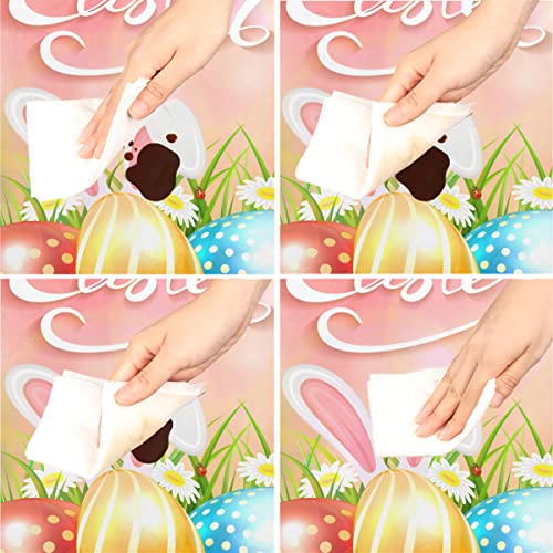 Easter Round Tablecloth with Elastic Edge, Happy Easter Rabbit Bunny Egg Fitted Tablecloth Washable Wipeable Spillproof Polyester Table Cover for Kitchen Dining Party Holiday Fits Round Table 45-56 In
