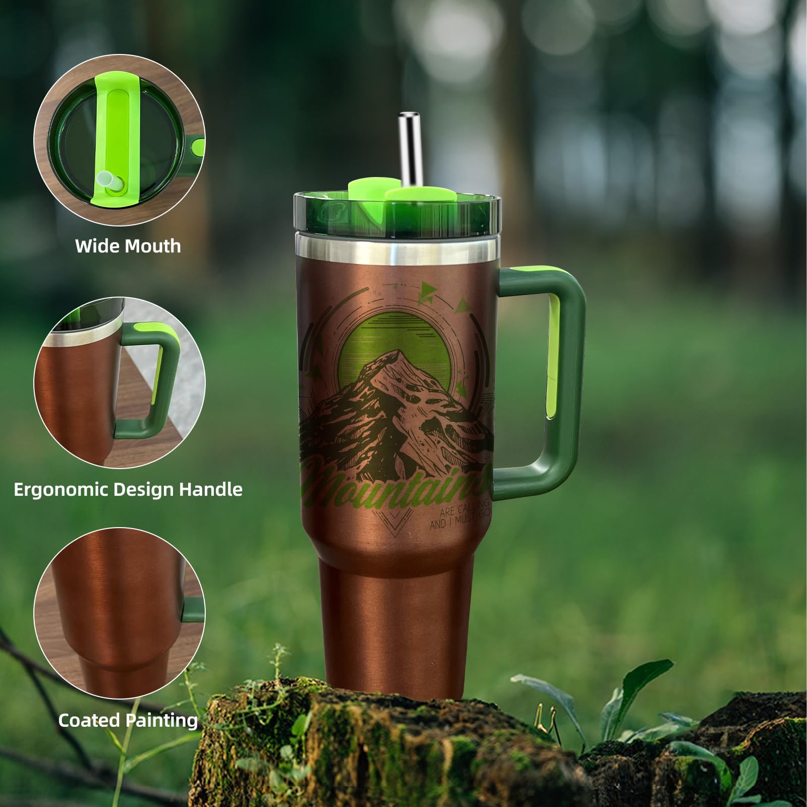 AGH 2 Pack 40 oz Sublimation Rose Gold Tumbler with Black Green Handle and Stainless Steel Straw, Insulated Double Wall Vacuum Reusable Cups with Green Leakproof Lid
