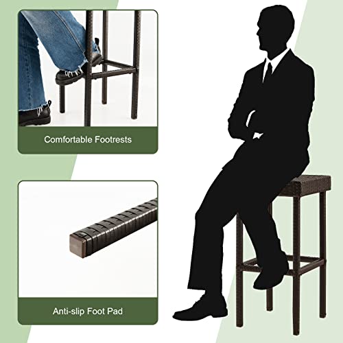 HAPPYGRILL Set of 2 Patio Bar Stools Outdoor PE Rattan Bar Chairs with Sturdy Steel Frame and Footrests, PE Wicker Bar Stools for Backyard Poolside Garden