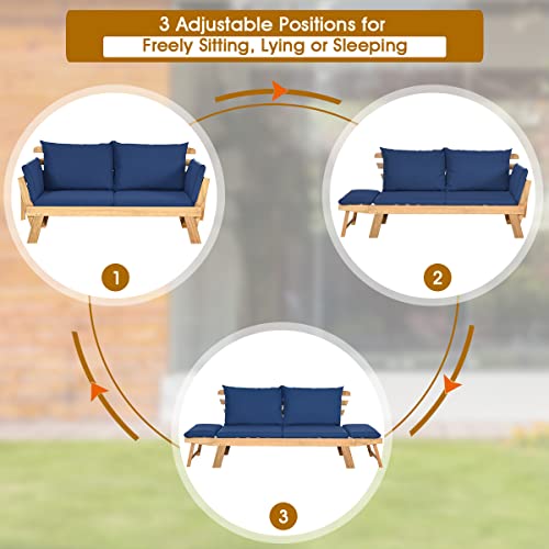 Tangkula Acacia Wood Patio Convertible Couch Sofa Bed with Adjustable Armrest, Outdoor Daybed with Cushion & Pillow, Turquoise & Navy Cushion Cover Sets, Folding Chaise Lounge Bench Ideal for Porch