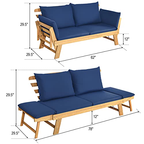 Tangkula Acacia Wood Patio Convertible Couch Sofa Bed with Adjustable Armrest, Outdoor Daybed with Cushion & Pillow, Turquoise & Navy Cushion Cover Sets, Folding Chaise Lounge Bench Ideal for Porch