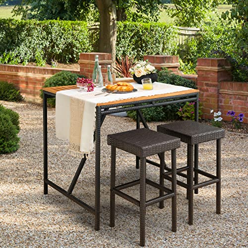 HAPPYGRILL Set of 2 Patio Bar Stools Outdoor PE Rattan Bar Chairs with Sturdy Steel Frame and Footrests, PE Wicker Bar Stools for Backyard Poolside Garden