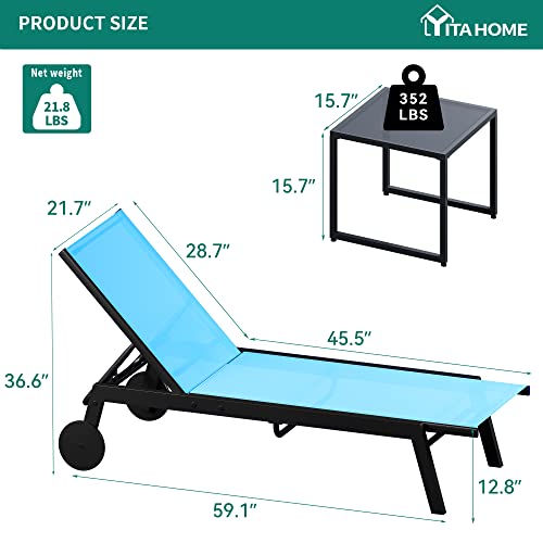 YITAHOME Outdoor Chaise Lounge Chairs Set with Side Table, Adjustable Backrest Poolside Loungers with Aluminum Frame/Textilene Fabric/Wheels for Pool Beach Patio Lawn Porch (Blue)