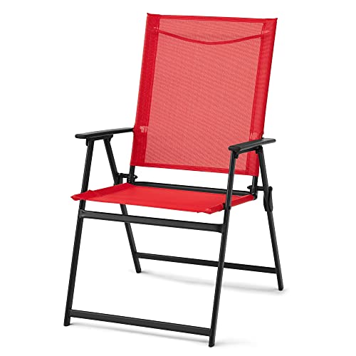 Square Set of 2 Outdoor Patio Steel Sling Folding Chair, Red