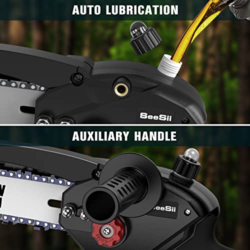 8 Inch Mini Chainsaw Cordless 𝘽𝙧𝙪𝙨𝙝𝙡𝙚𝙨𝙨, 2023 Upgraded Seesii Portable Chain saws with 2×2.0AH Batteries and Auto Oiler Chain, Handheld Electric Chainsaw for Branch Tree Cutting Pruning