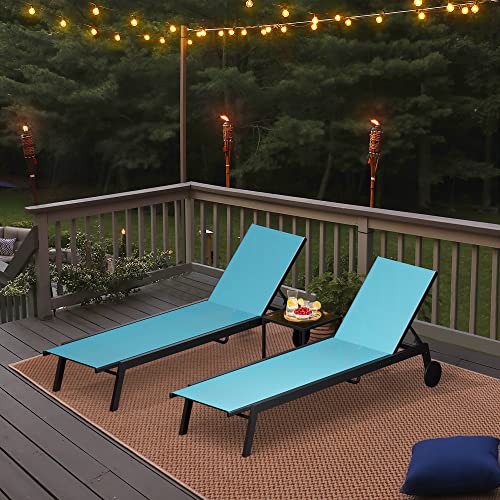 YITAHOME Outdoor Chaise Lounge Chairs Set with Side Table, Adjustable Backrest Poolside Loungers with Aluminum Frame/Textilene Fabric/Wheels for Pool Beach Patio Lawn Porch (Blue)