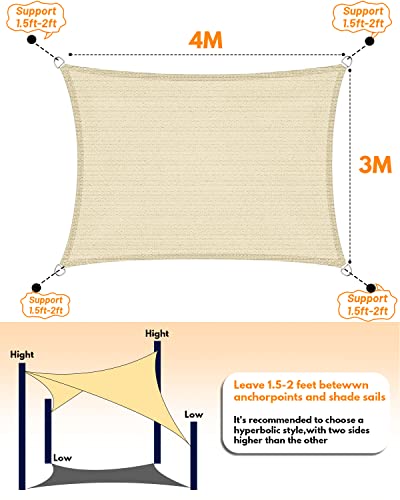Fuairmee Sun Shade Sail 10' x 13' Beige Rectangle Shade Sail UV Block Fabric Sunshades for Patio Garden Backyard Outdoor Pergola Canopy Cover Sunshade Sails