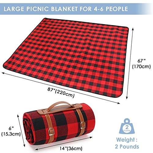 Extra Large 87'' X 67'' Picnic Blanket Waterproof, Portable Picnic Mat, Sandproof Beach Mat, Outdoor Rug for Camping, Red Checkered