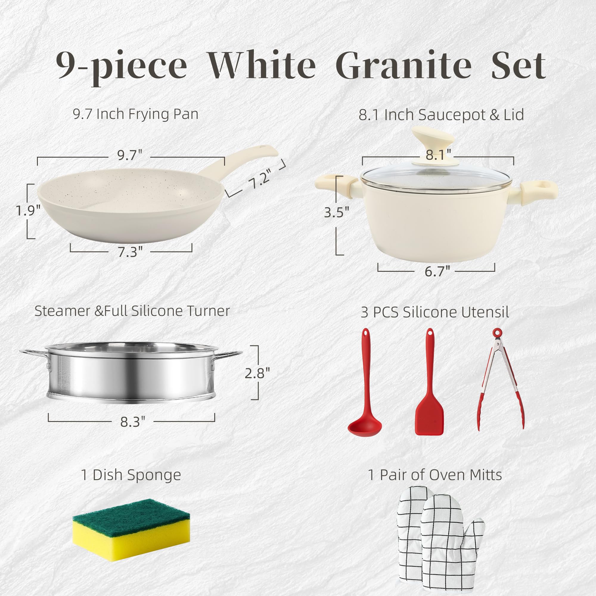 NICOMOW Kitchen Utensils Basic Kitchen Utensils,Non-Stick Coating Inside,Non-Slip Handles,Heat Resistant Lacquer (Set of 9),Easy to Clean,White
