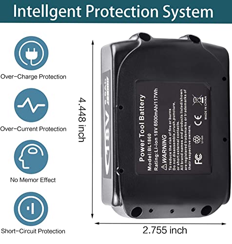BATTOOL 2 Pack 6500mAh BL1860 Replacement Lithium-ion Battery Compatible with Makita 18v Battery BL1850 BL1845 BL1840 BL1830 BL1820 BL1815 LXT400 194204-1 Cordless Power Tools