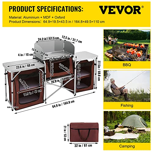 Happybuy Camping Kitchen Table, 3 Storage Organizer, Aluminum Windscreen Outdoor Folding Grill Station with 2 Side Tables, Camping Supplies and Accessories for BBQ Picnic Fishing Party Use, Brown