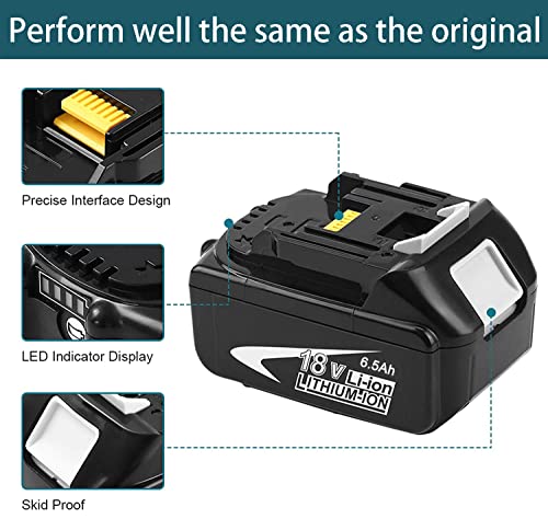 BATTOOL 2 Pack 6500mAh BL1860 Replacement Lithium-ion Battery Compatible with Makita 18v Battery BL1850 BL1845 BL1840 BL1830 BL1820 BL1815 LXT400 194204-1 Cordless Power Tools