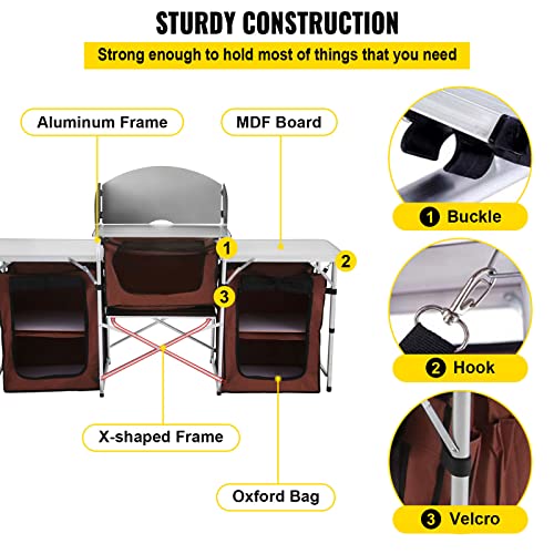 Happybuy Camping Kitchen Table, 3 Storage Organizer, Aluminum Windscreen Outdoor Folding Grill Station with 2 Side Tables, Camping Supplies and Accessories for BBQ Picnic Fishing Party Use, Brown