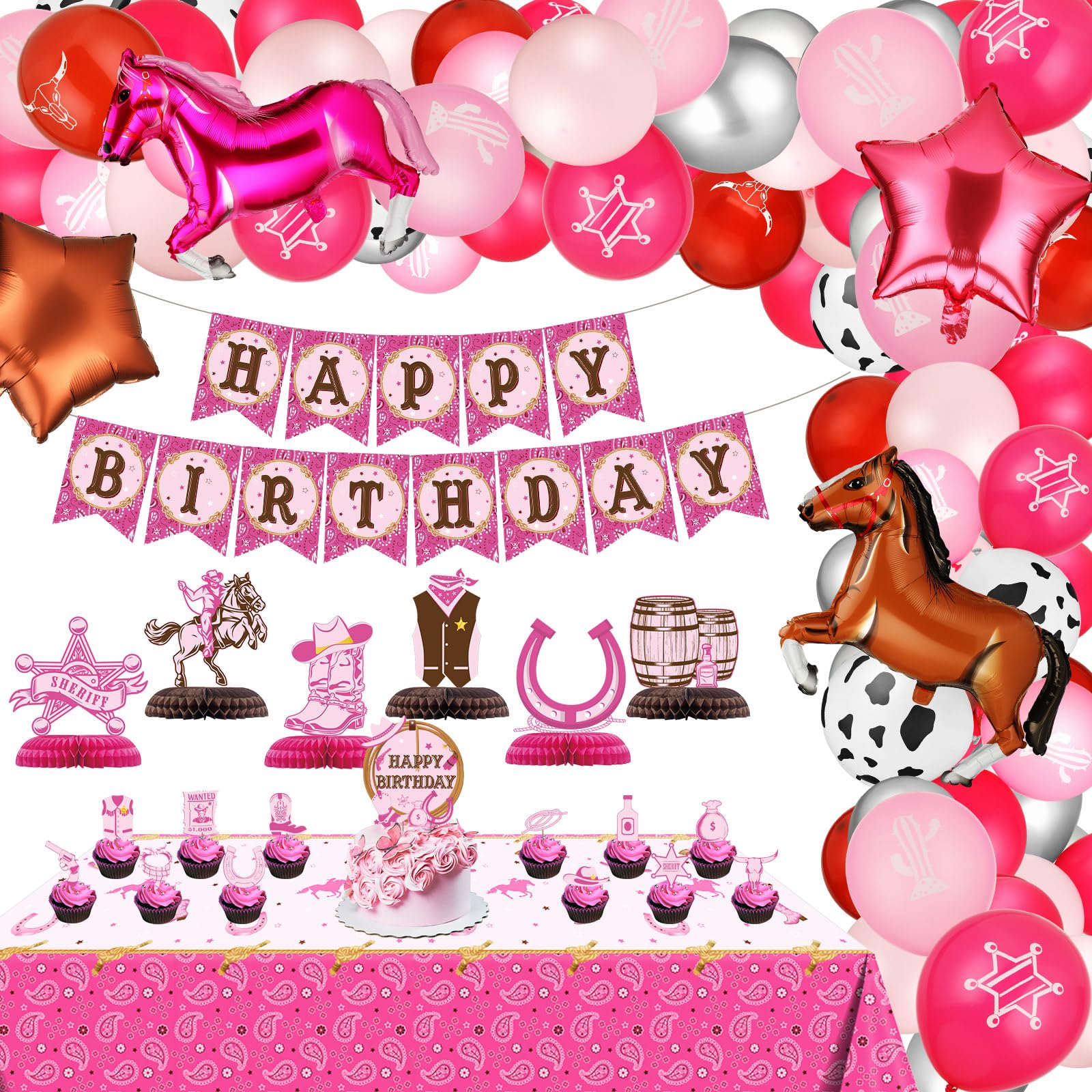 Glimin Western Cowgirl Birthday Party Decorations Retro Horse Rodeo Party Supplies for Girls Include Tablecloth, Banner, Honeycomb Centerpieces, Cupcake Toppers, Balloons, Star Horse Foil Balloons